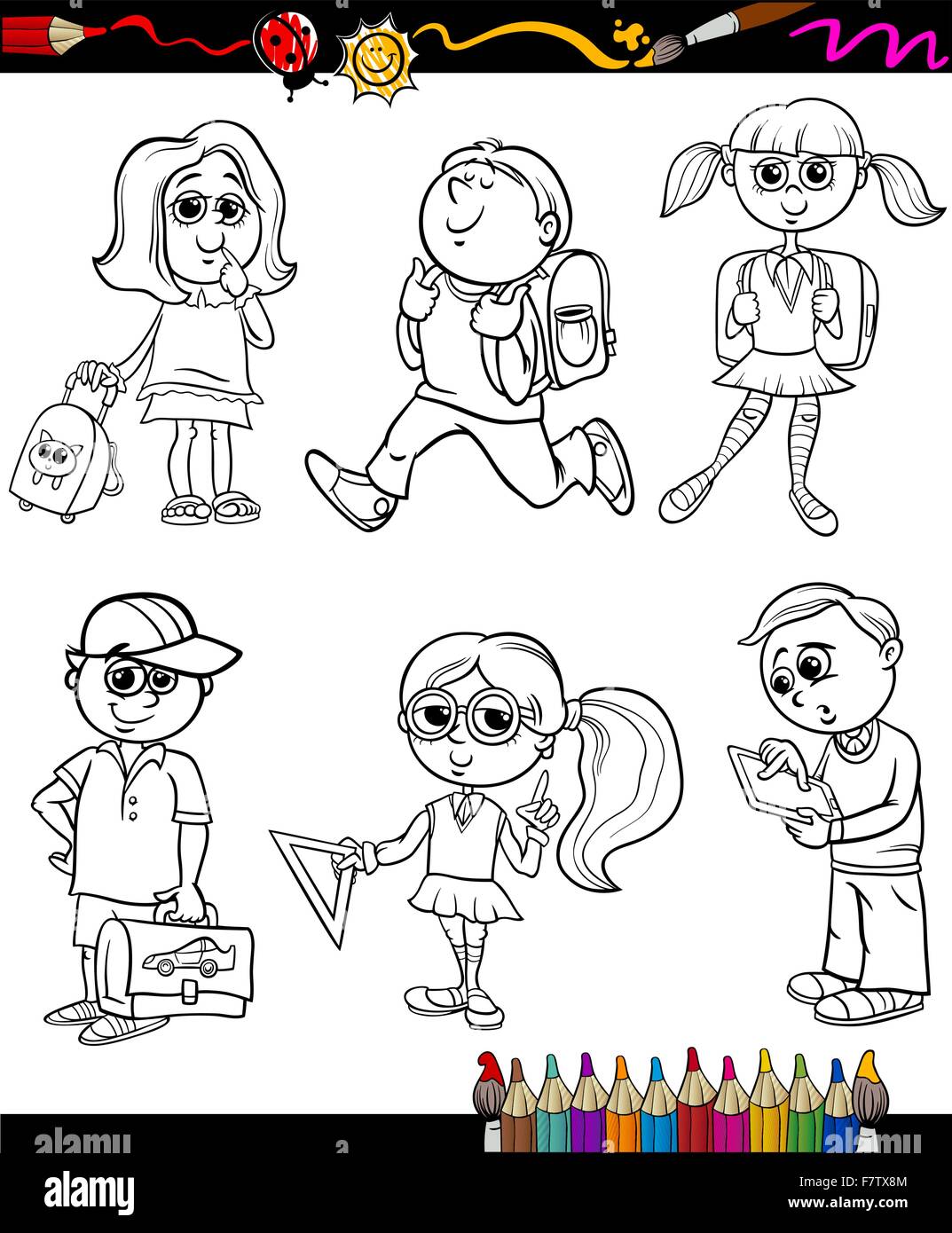 school kids group cartoon coloring book Stock Vector Image & Art - Alamy
