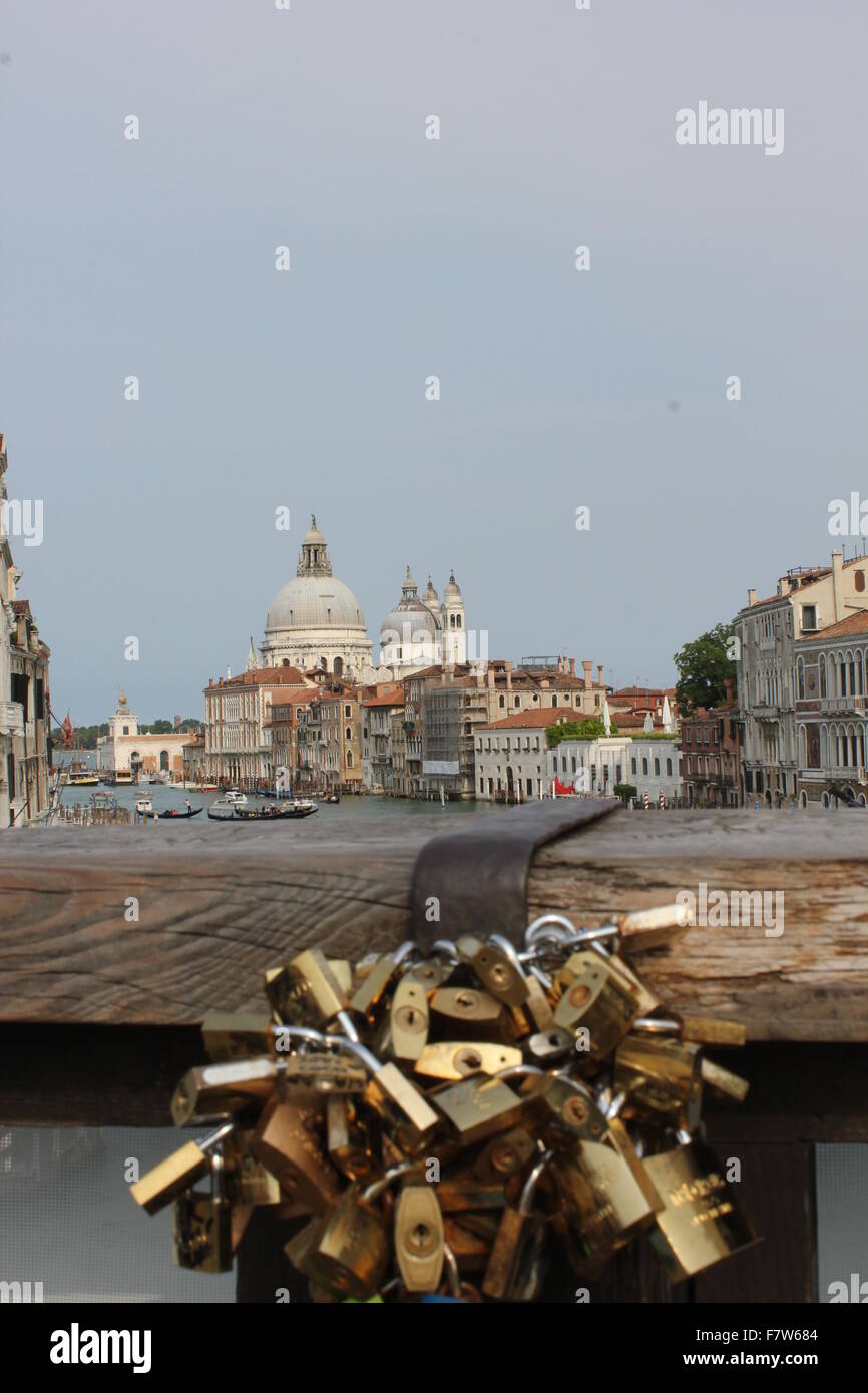 Venice, Italy, June 4 2014: Love Padlock on a bridge in Venice, facing ...