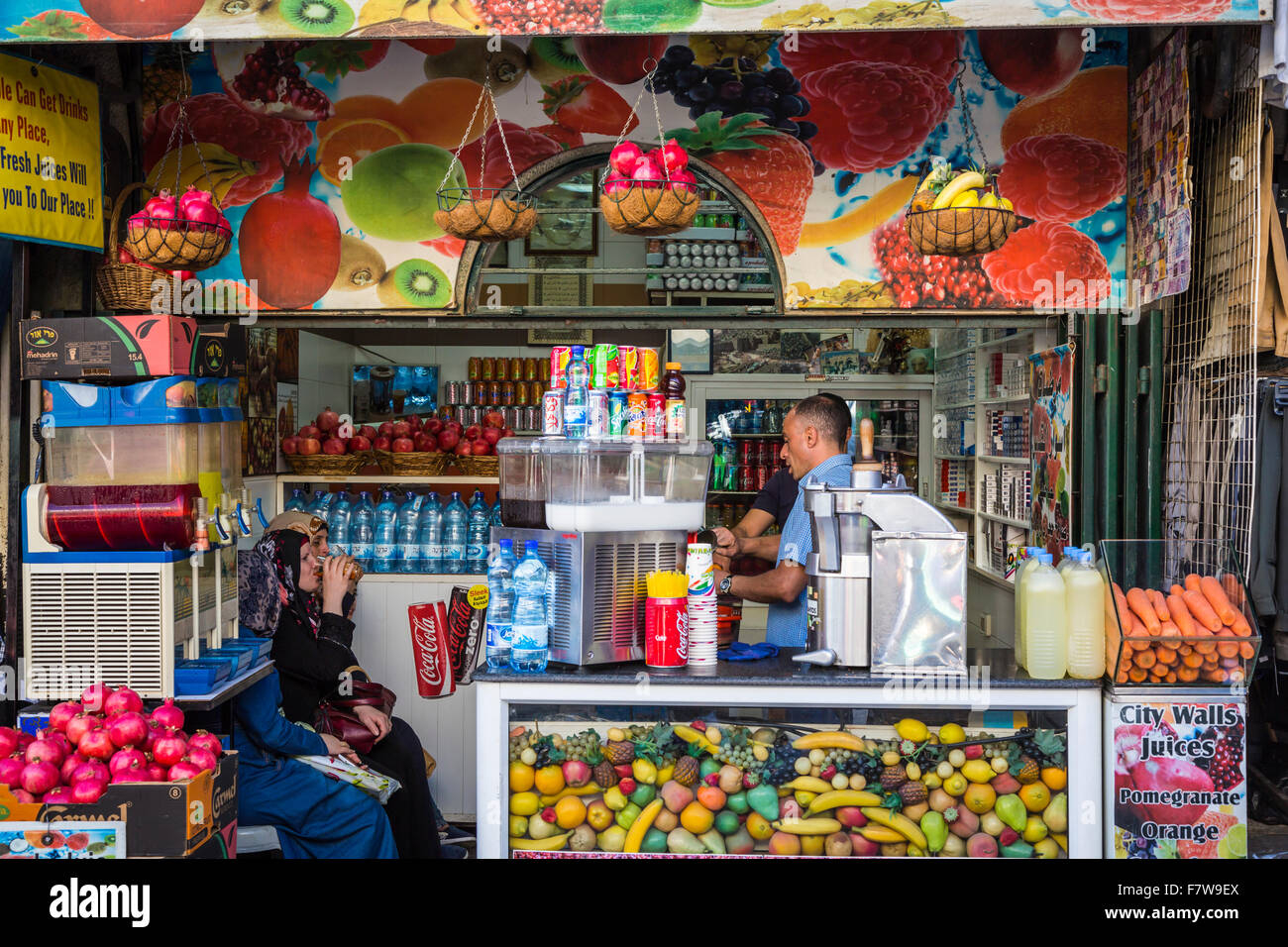 A fruit juice kiosk in the Arab street market near the Damascus Gate in ...