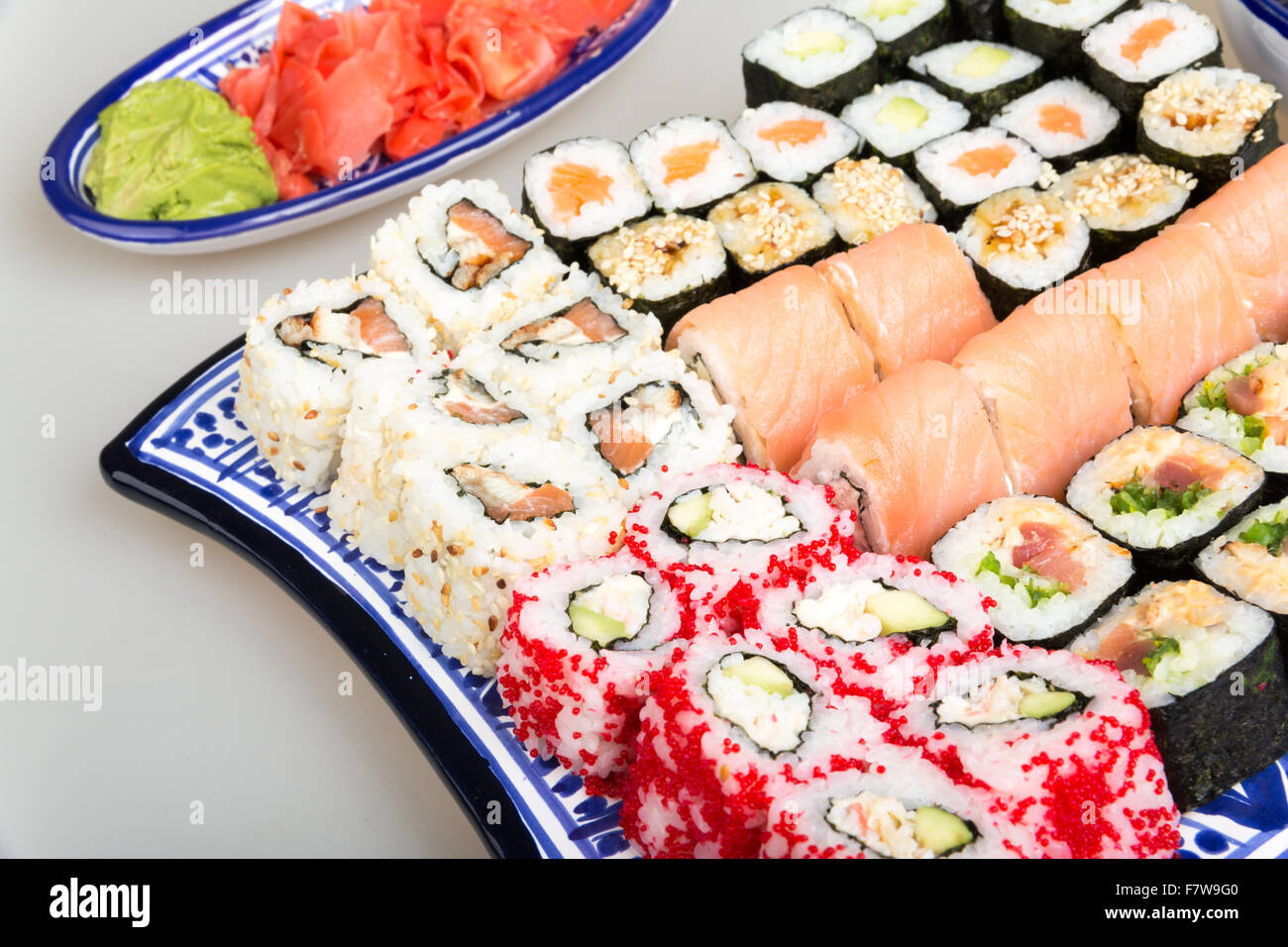Sushi Set - Different Types of Maki Sushi and Nigiri Sushi Stock Photo ...