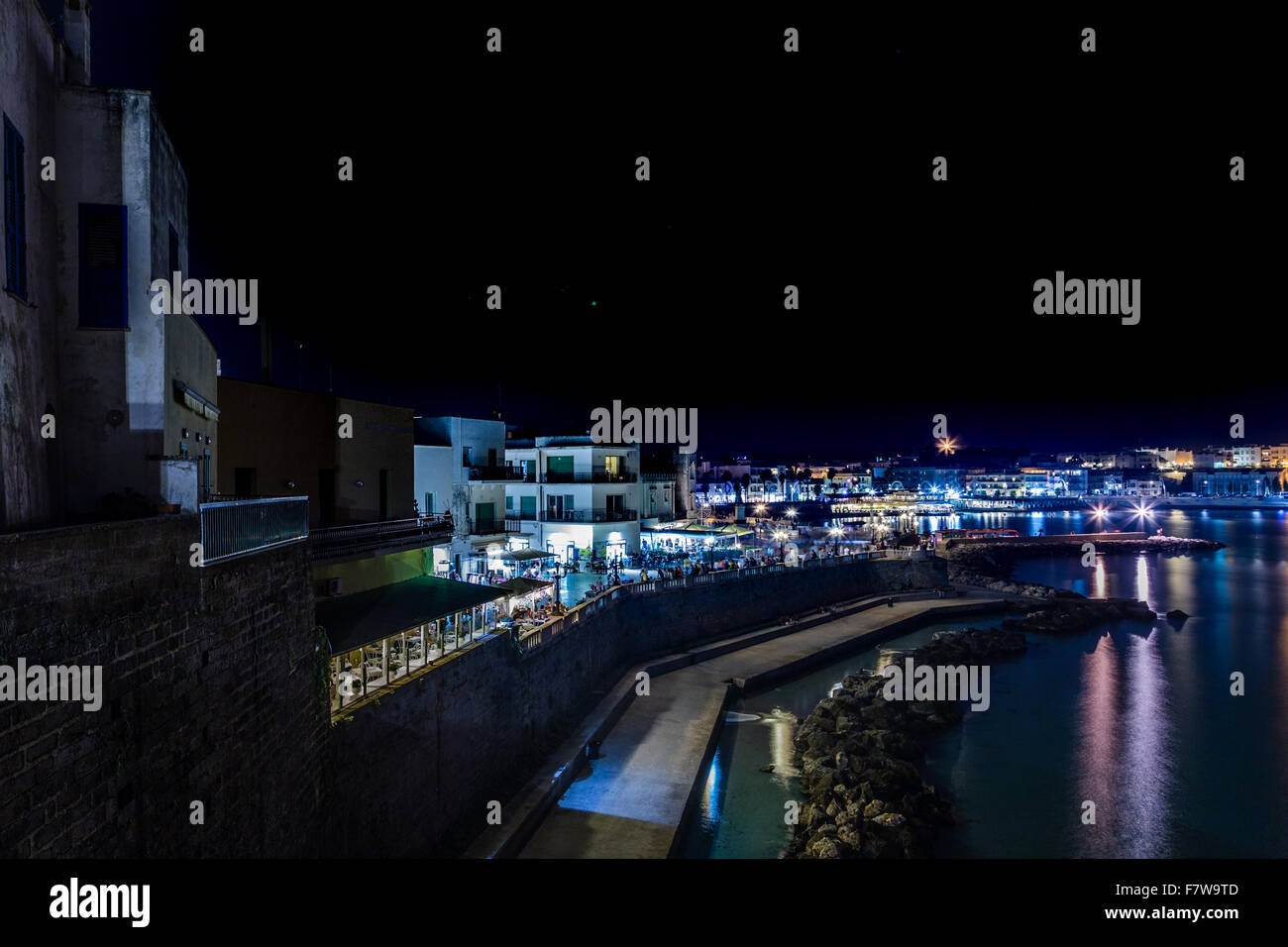 Night view of harbor of Otranto, Greek-Messapian city on the Adriatic ...