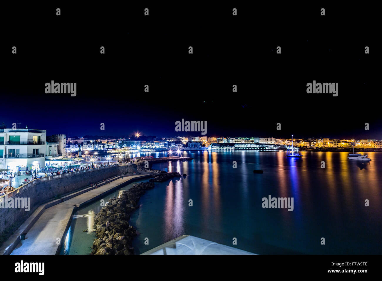 Night view of harbor of Otranto, Greek-Messapian city on the Adriatic ...