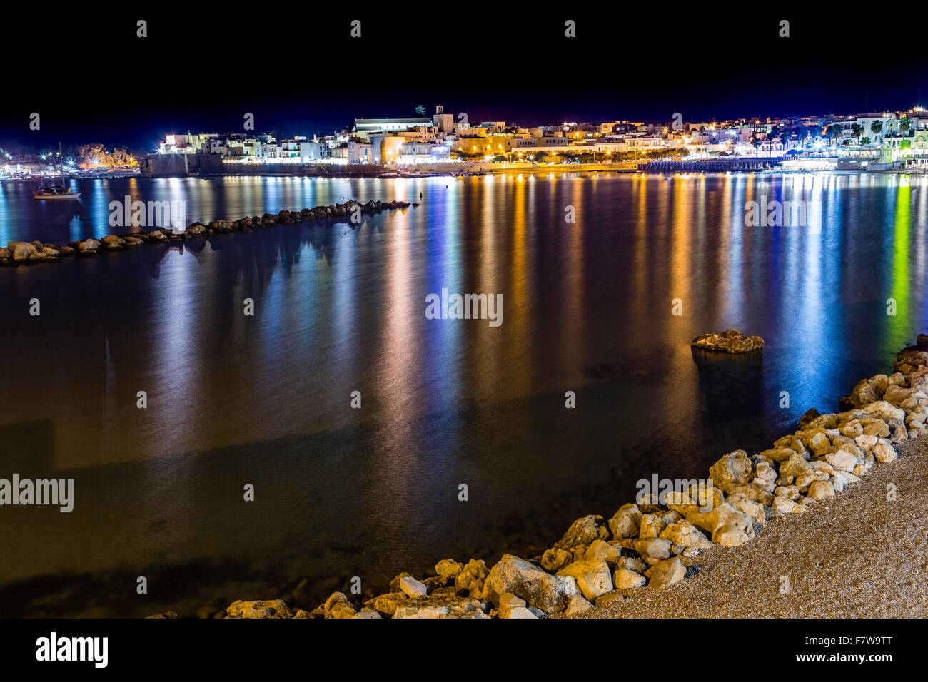 Night view of harbor of Otranto, Greek-Messapian city on the Adriatic ...