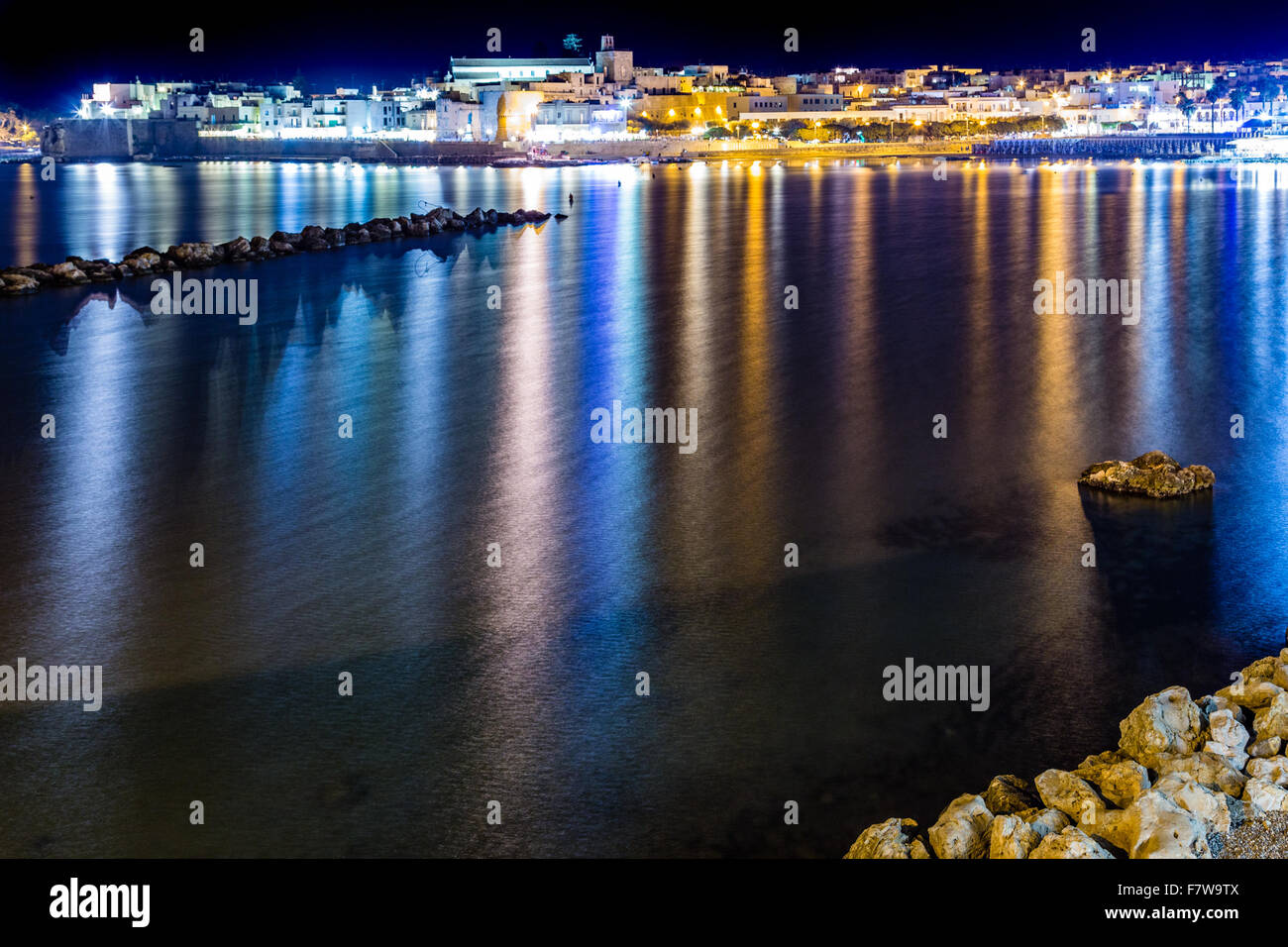 Night view of harbor of Otranto, Greek-Messapian city on the Adriatic ...
