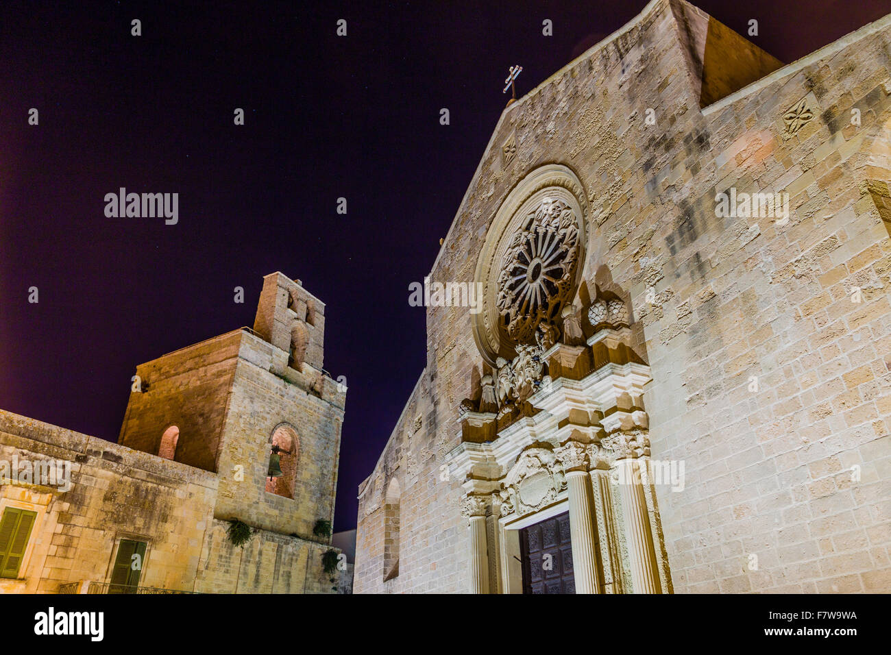 Night view of the medieval Cathedral in the historic center of Otranto ...
