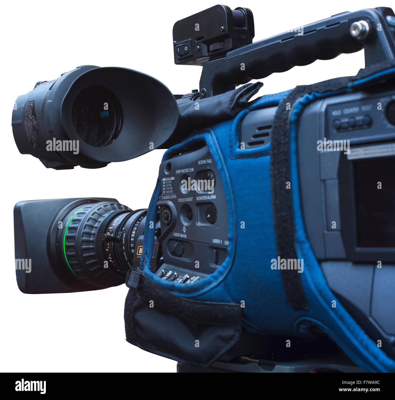 Close up of video camera in action isolated on white background Stock ...