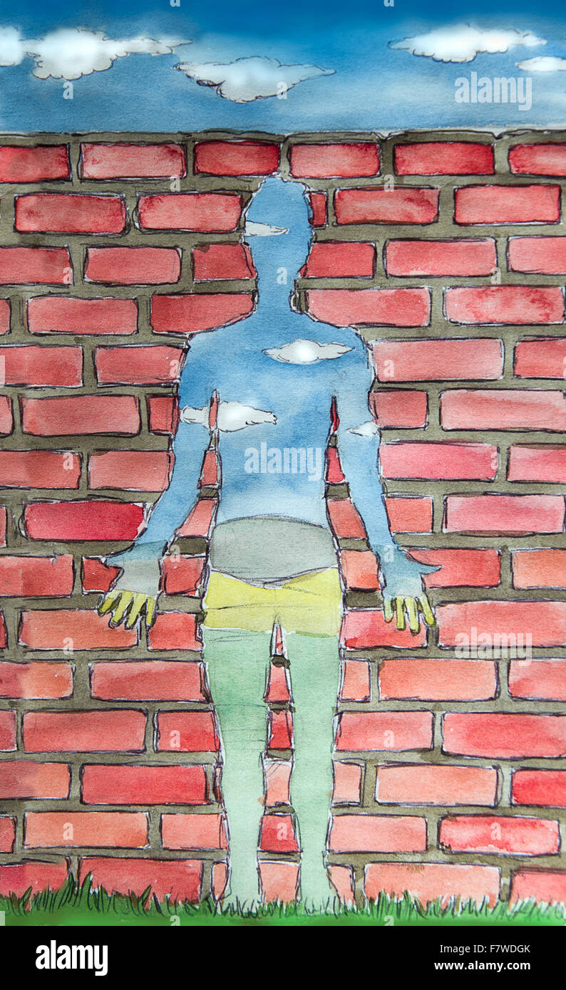 human shaped window, inner emptiness concept watercolor illustration ...