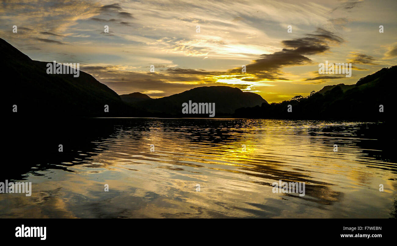 Looking across the Lake of Buttermere in the Lake District at sunset ...
