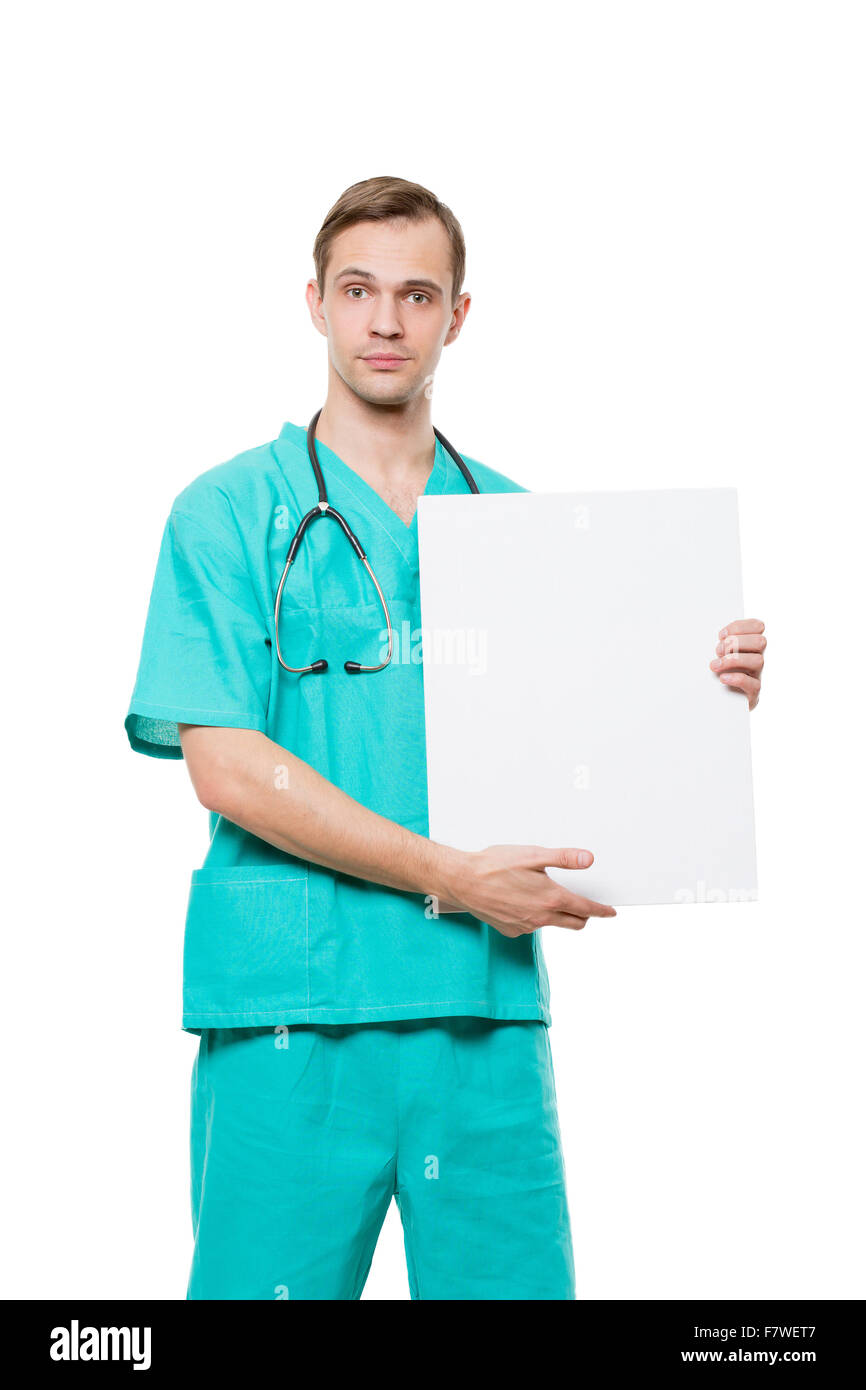 smiling doctor holding blank card isolated on white background Stock ...