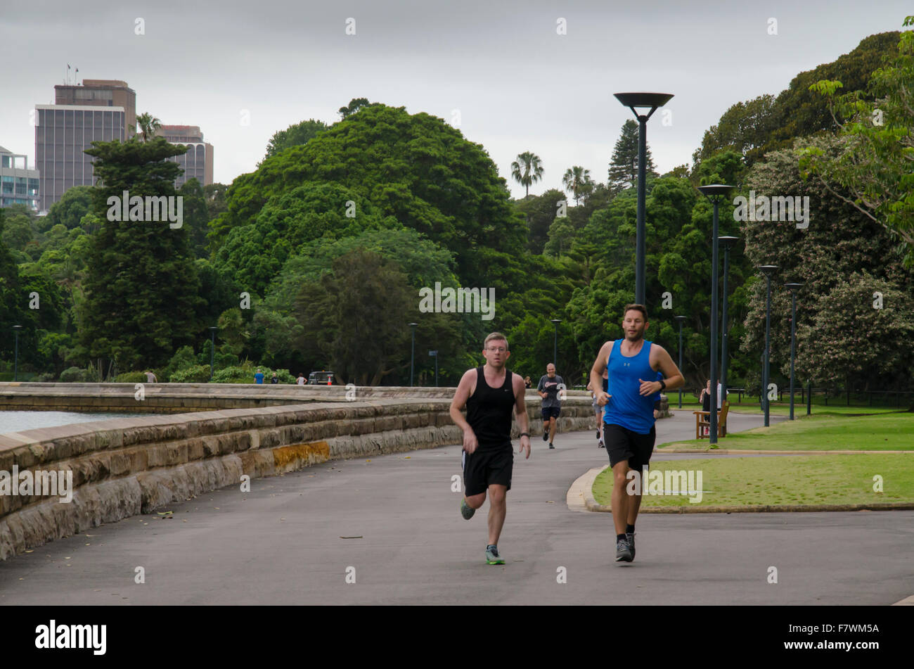People running through the Royal Botanic Gardens next to Sydney Harbour ...