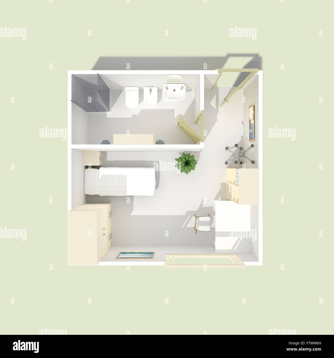 Hotel room 3D interior rendering roofless with furnishings Stock Photo ...