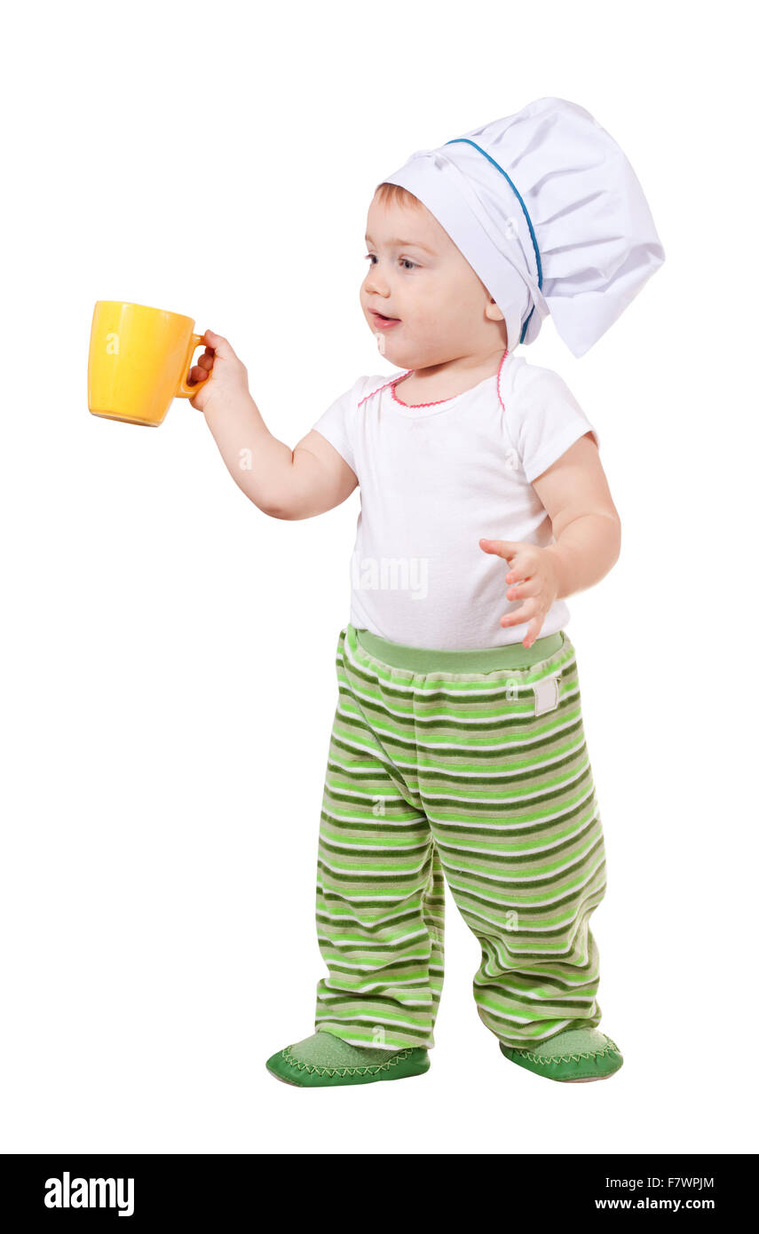 Baby cook in toque with cup over white background Stock Photo - Alamy