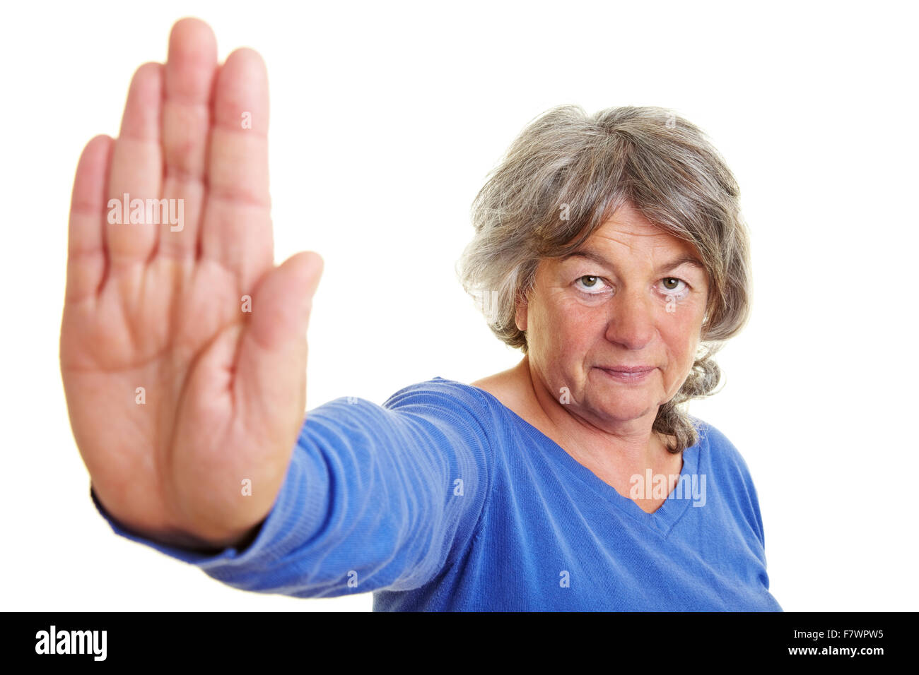 Senior citizen reaching out with palm of her hand Stock Photo - Alamy