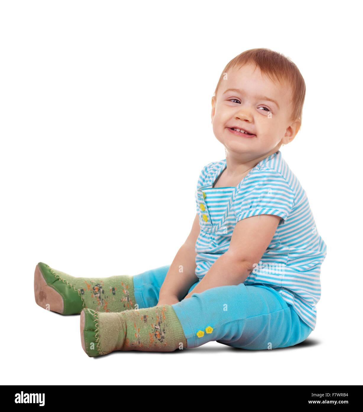 Sitting happy toddler. Isolated over white background with shadow Stock ...