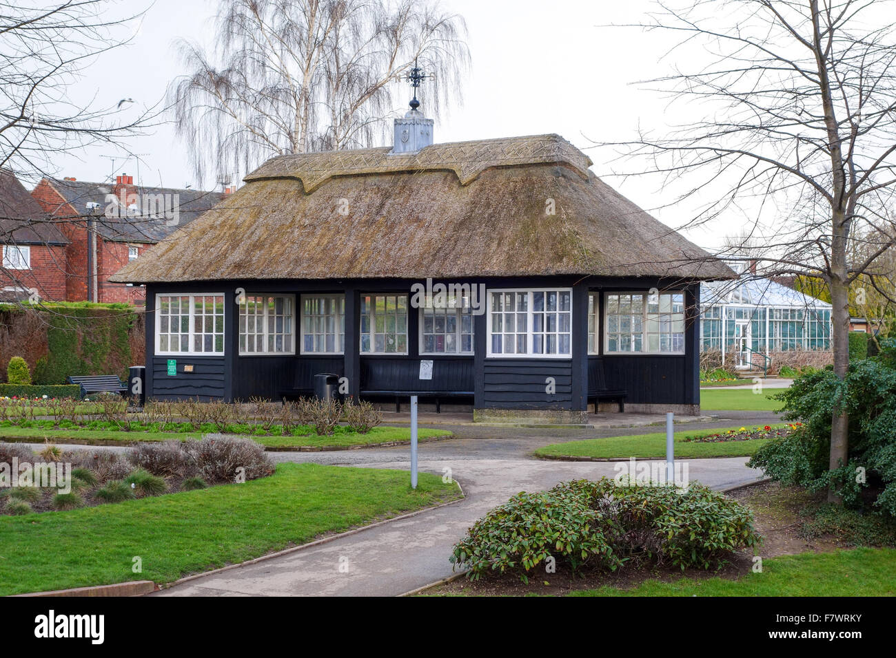 A thatched pavilion in Victoria Park Stafford Staffordshire England UK ...
