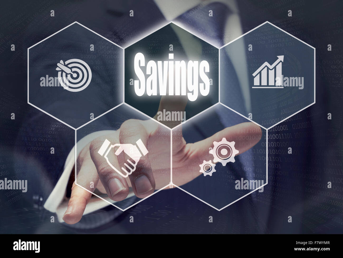 Businessman pressing an Savings concept button Stock Photo - Alamy