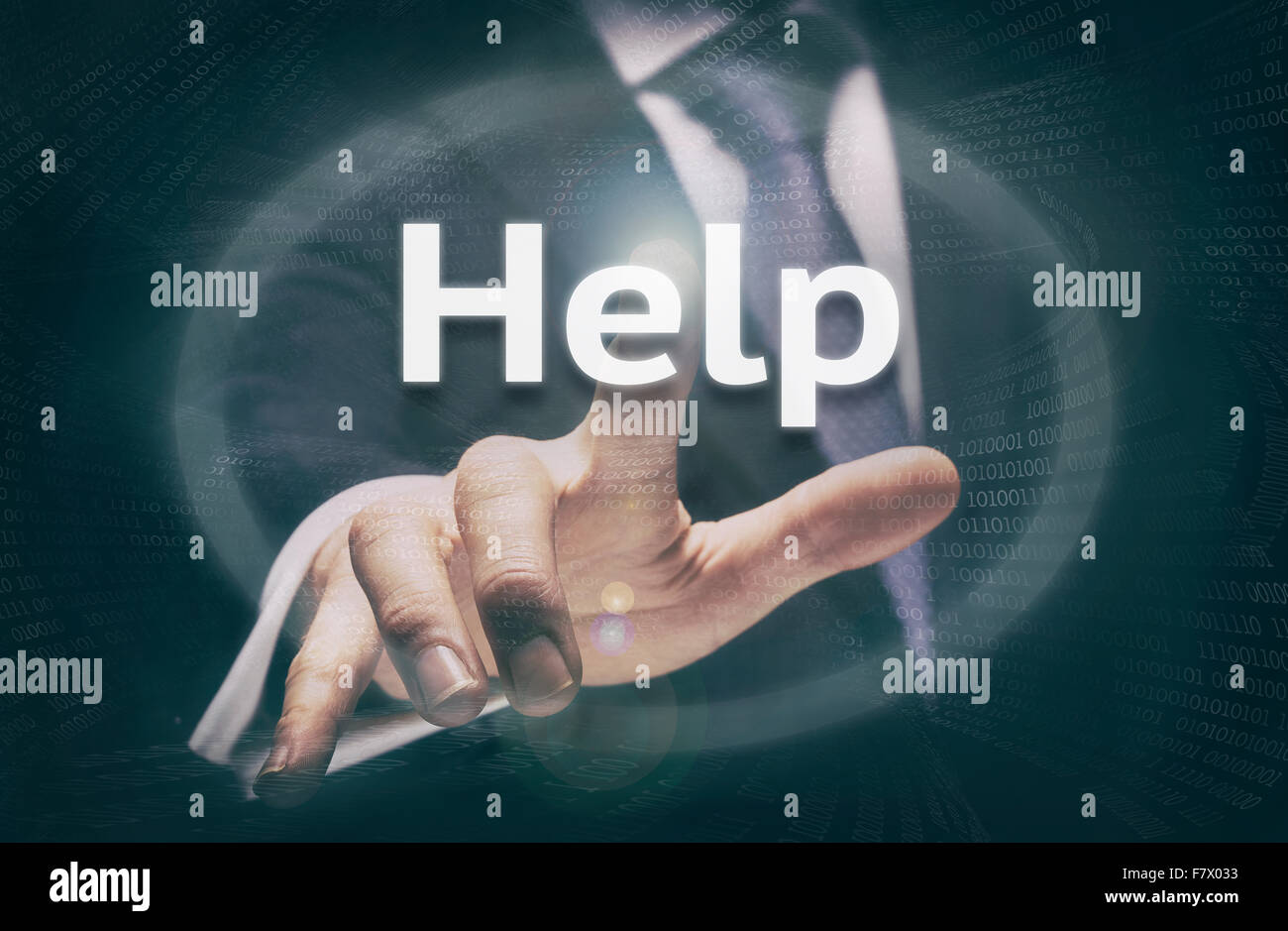 Businessman pressing an Help concept button Stock Photo - Alamy