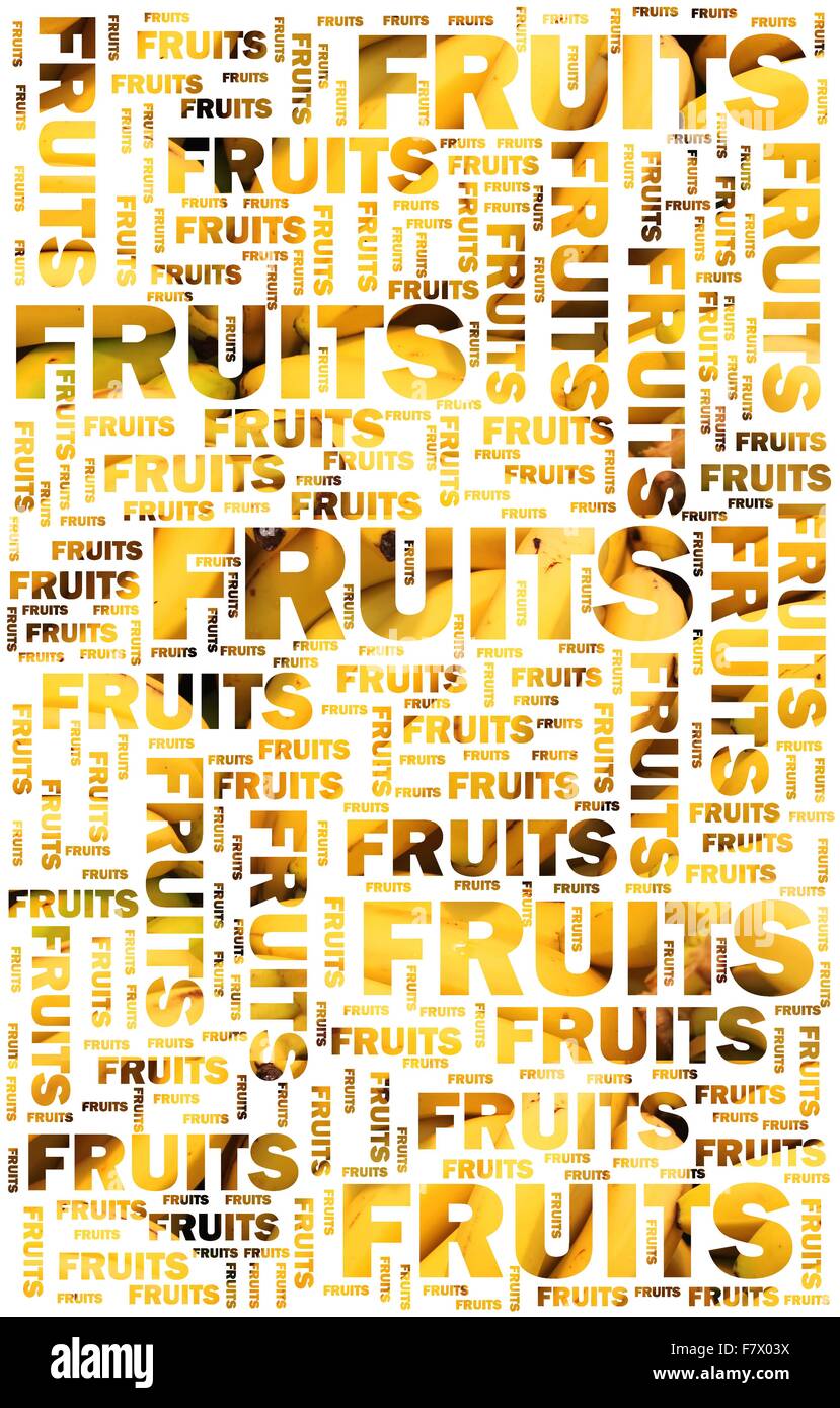 Fruits text written with pictures of bananas background Stock Photo - Alamy