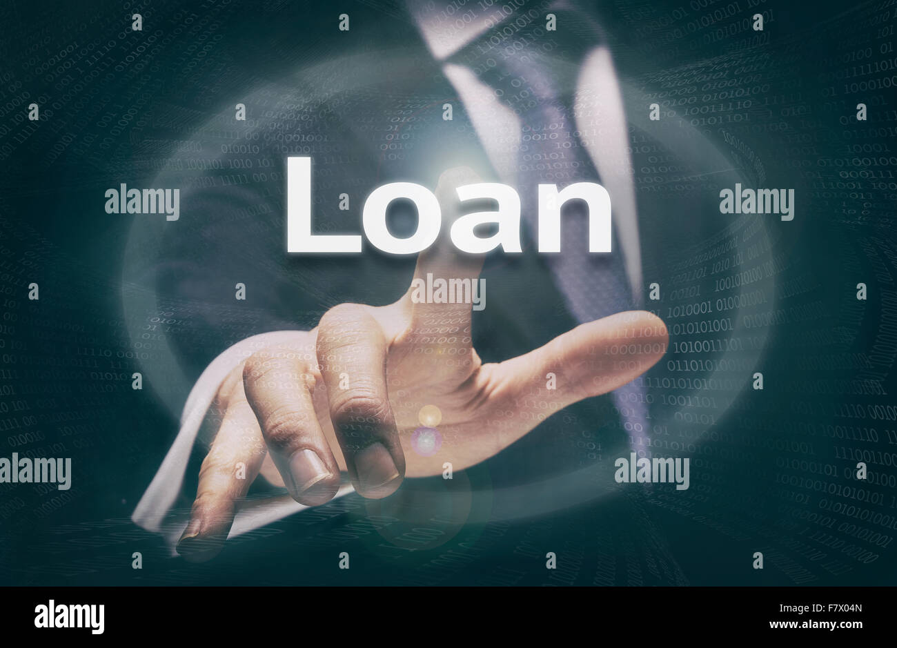 Businessman pressing an Loan concept button Stock Photo - Alamy