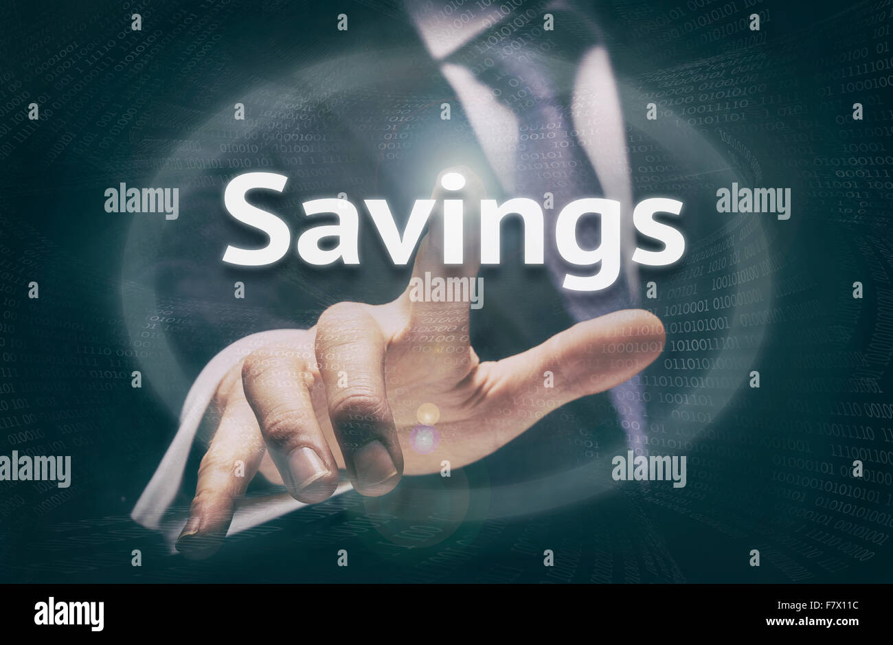 Businessman pressing an Savings concept button Stock Photo - Alamy