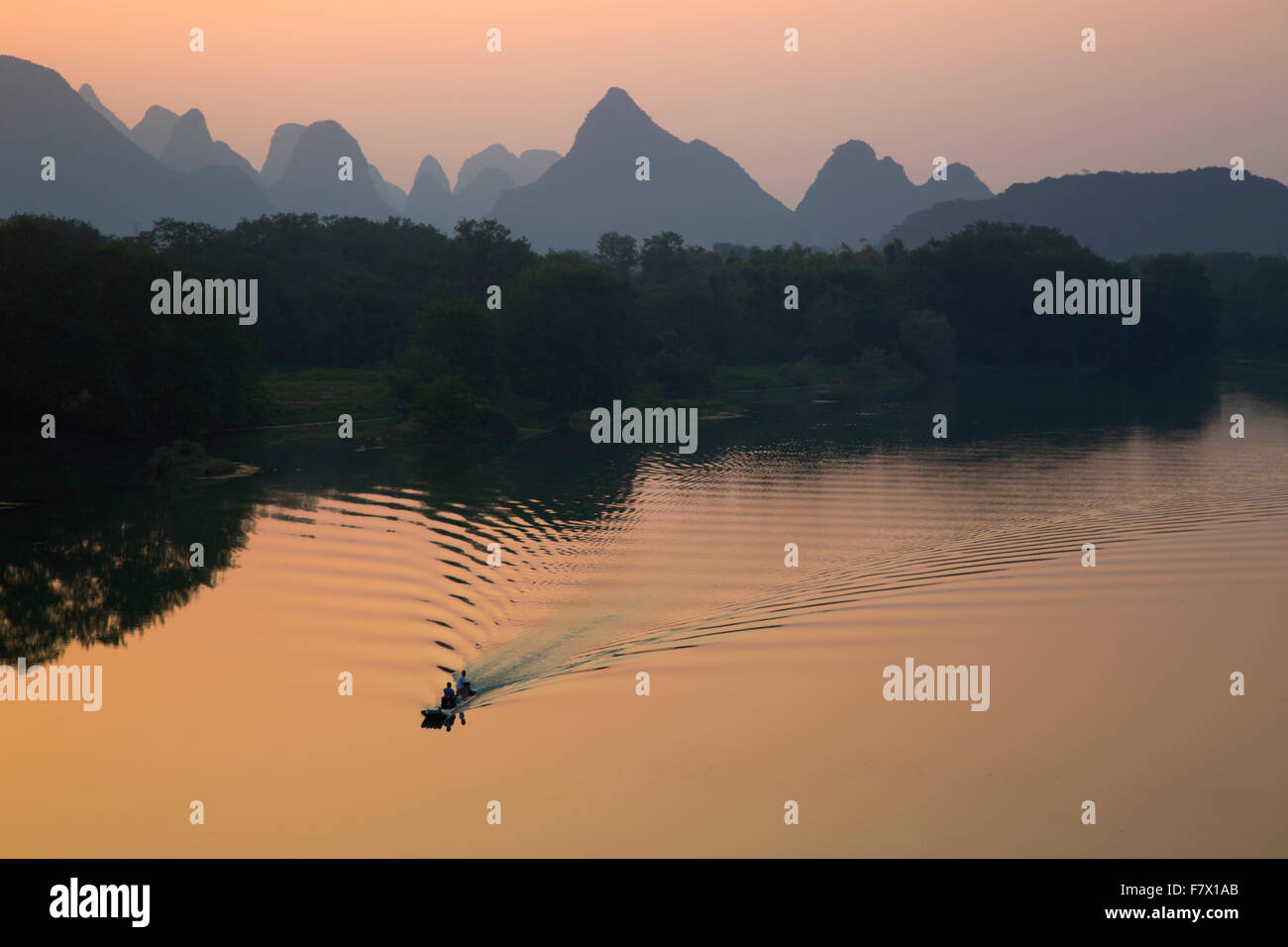 Boat on River Li and Limestone Karst Formations Guilin Region Guangxi ...