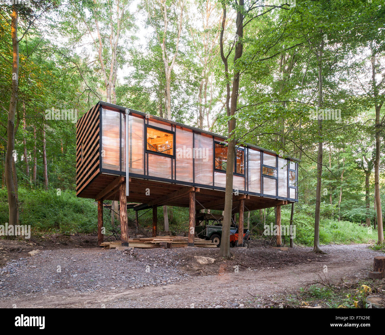 Studio from woodland with interior lights on. Visible Studio, Bath ...