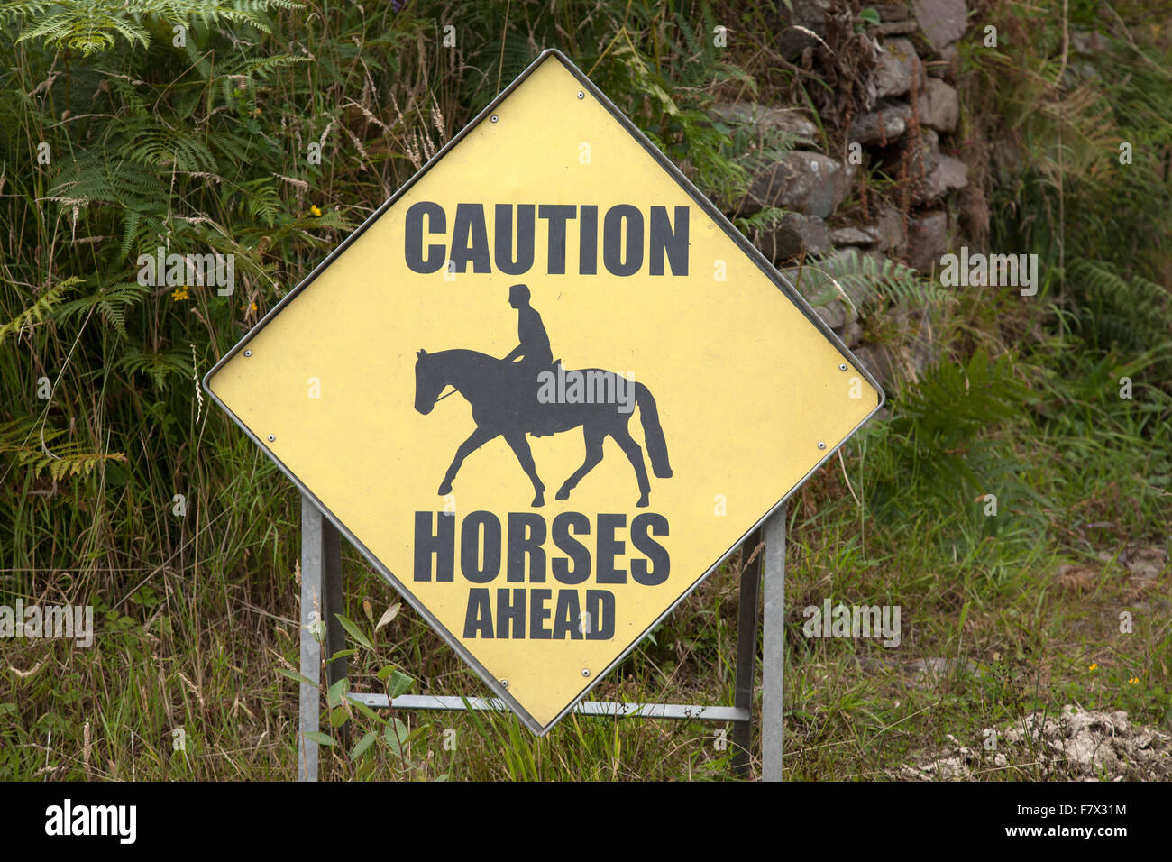 Yellow Horse Riding Warning Sign Stock Photo - Alamy