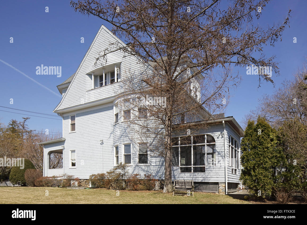 Yard and side elevation. Queen Anne Victorian House, Larchmont, United ...