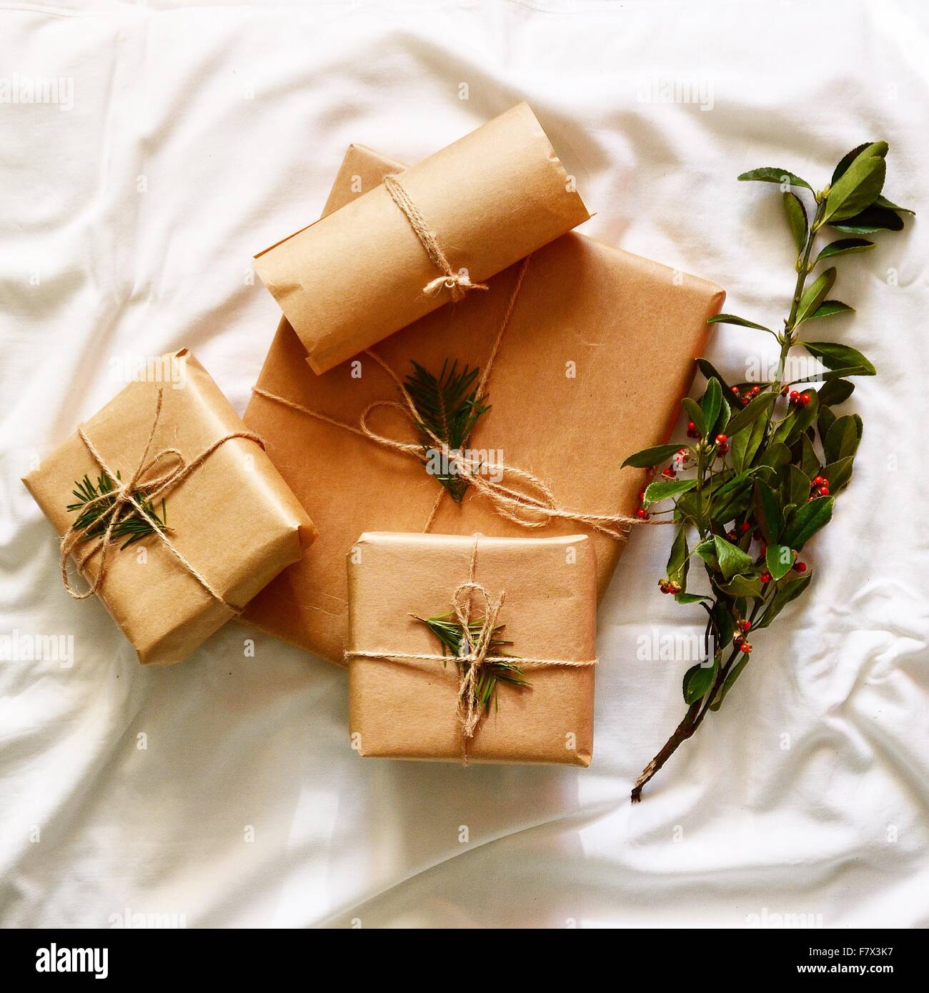 Wrapped present holly branch hi-res stock photography and images - Alamy