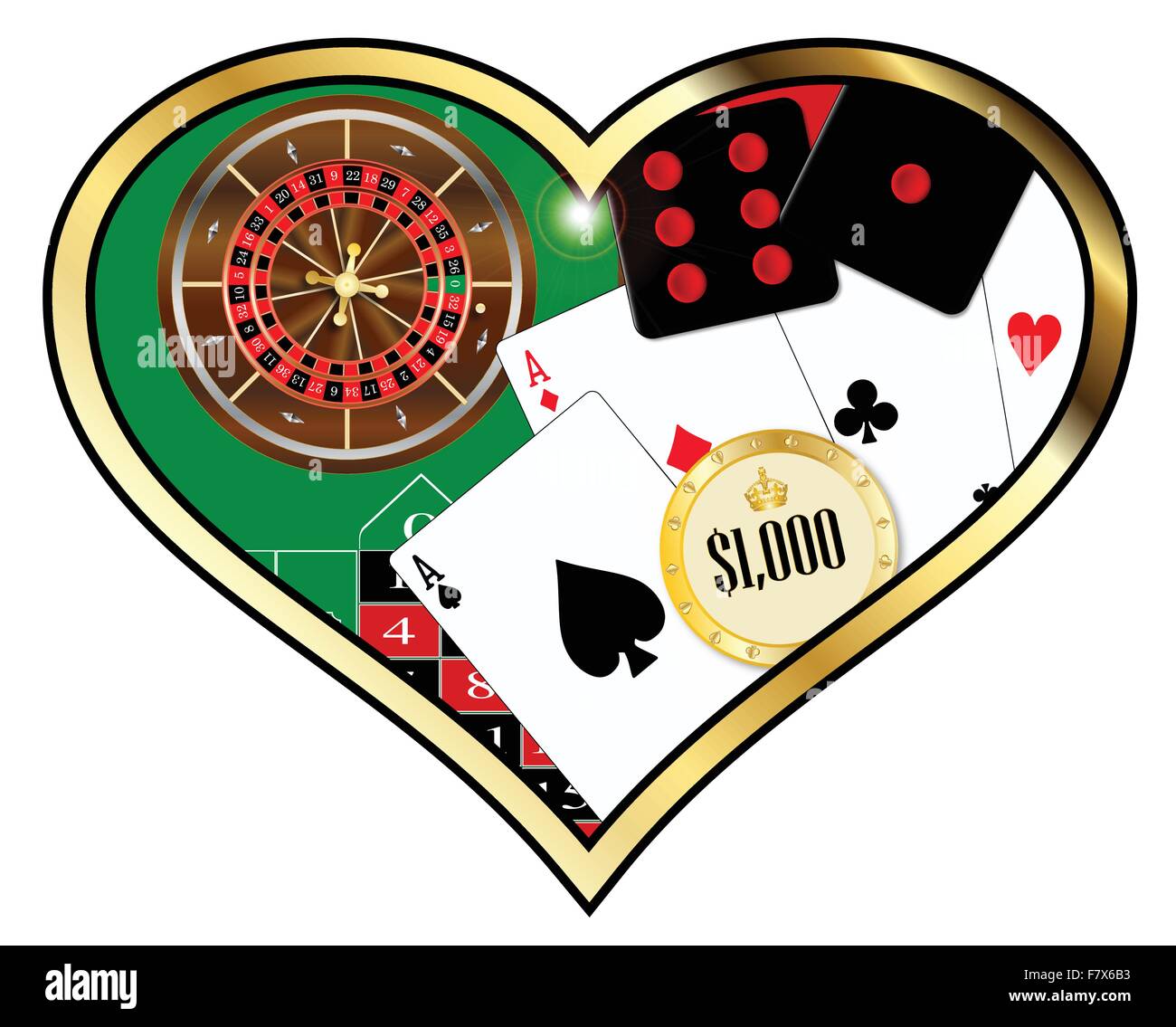 A typical American roulette table layout with cards and dice over a ...