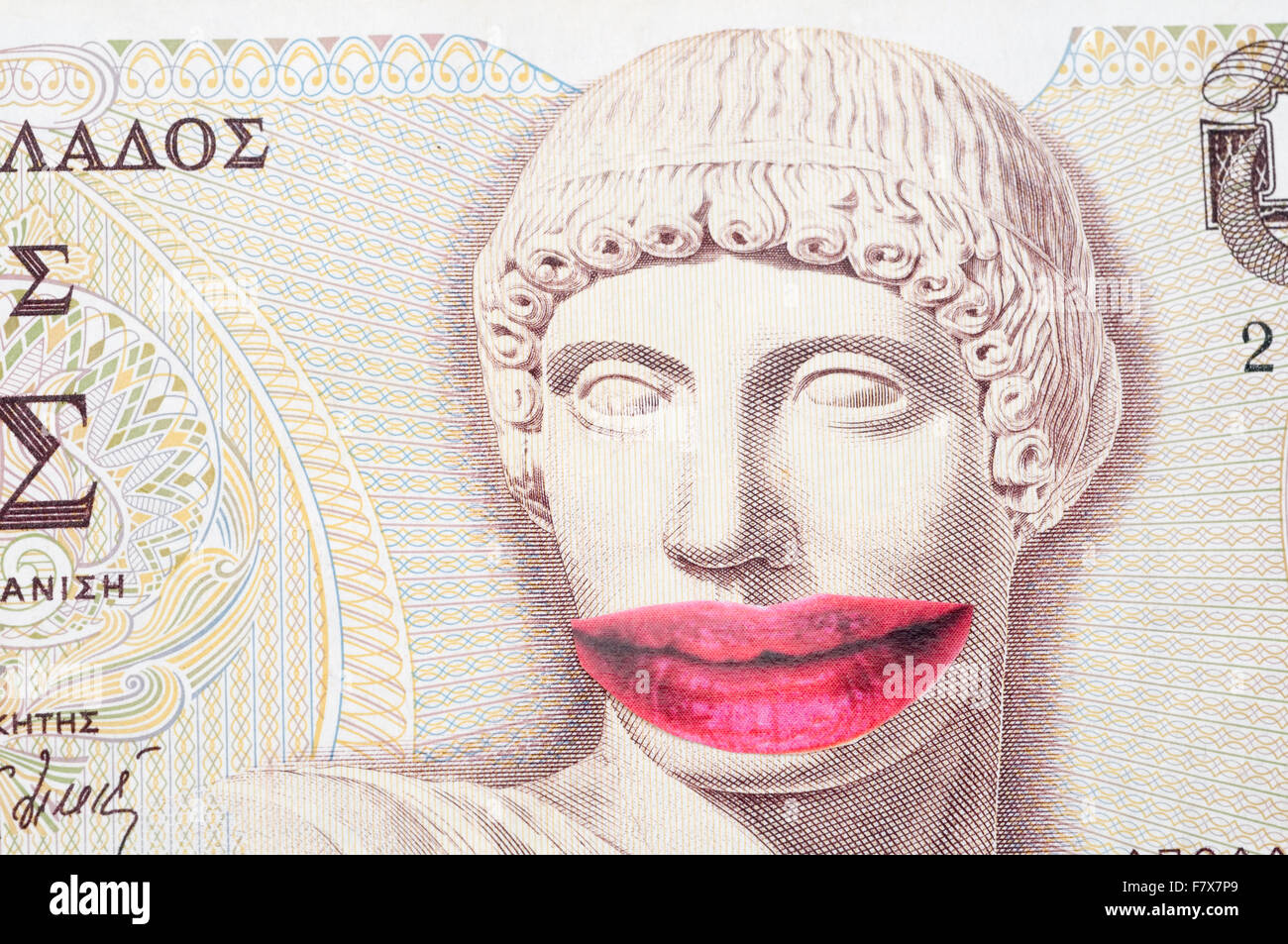 Greek drachma with lips on the face of Apollo Stock Photo - Alamy