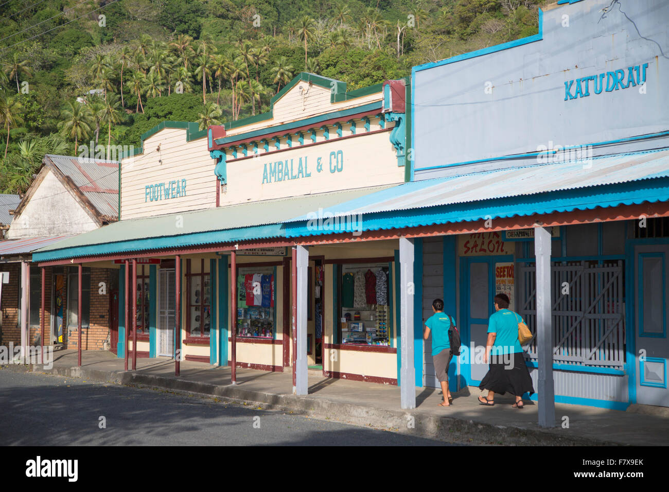 Women walking past shops, Levuka (UNESCO World Heritage Site), Ovalau ...