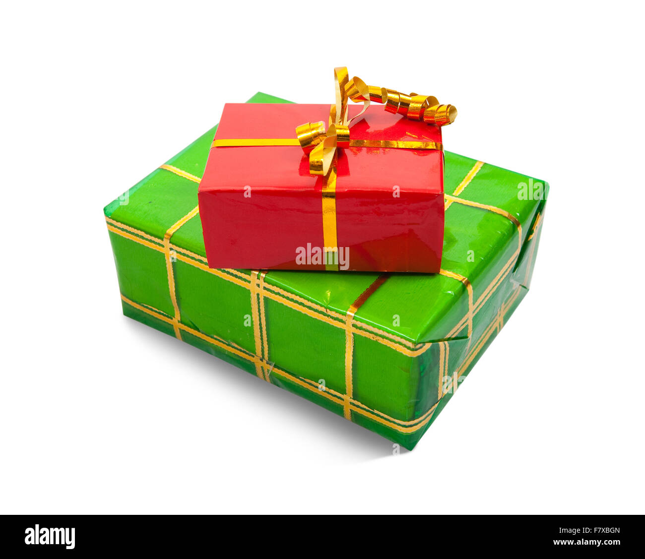 Two colored gift boxes on white background. Isolated with clipping path ...