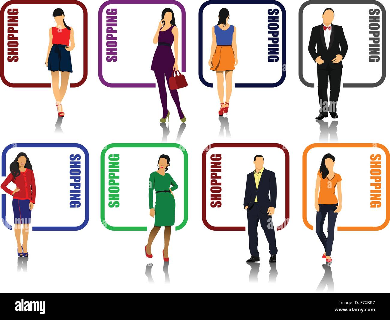 Eight shopping icons with man and woman image. Vector illustrati Stock ...