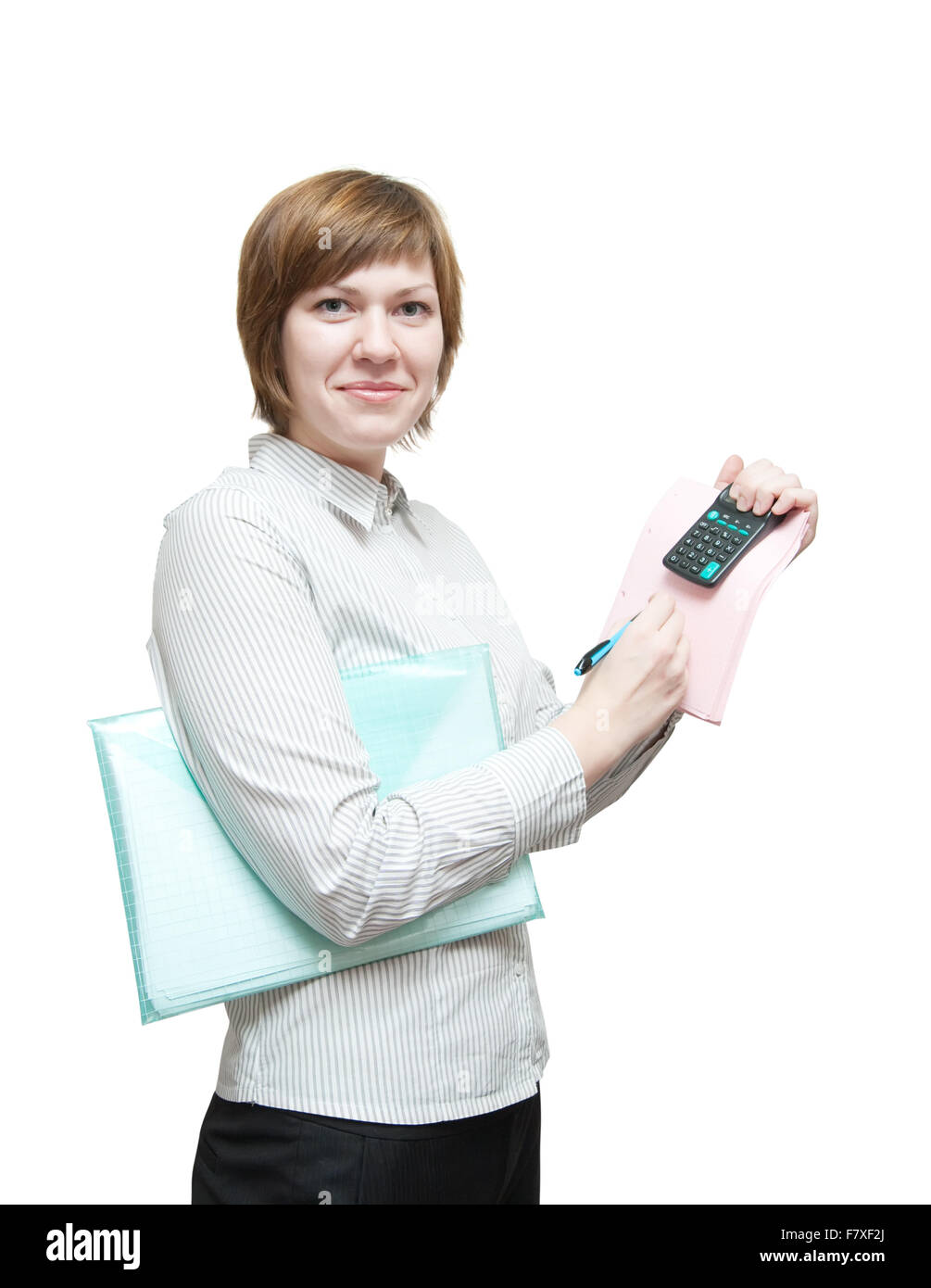 young attractive accountant holding a calculator on white background ...