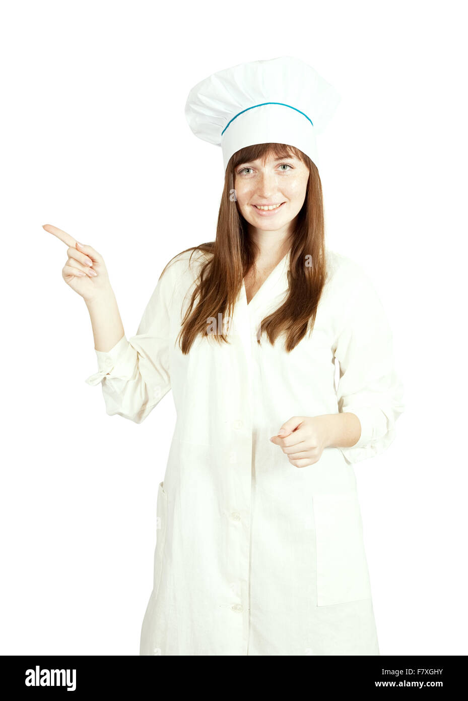 picture of cook woman pointing her finger over white Stock Photo - Alamy