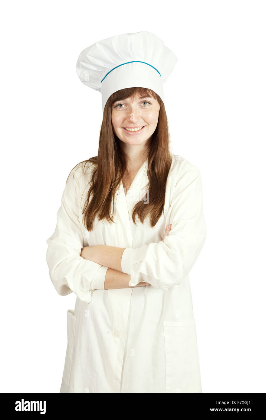 Portrait of smiling female cook over white background Stock Photo - Alamy