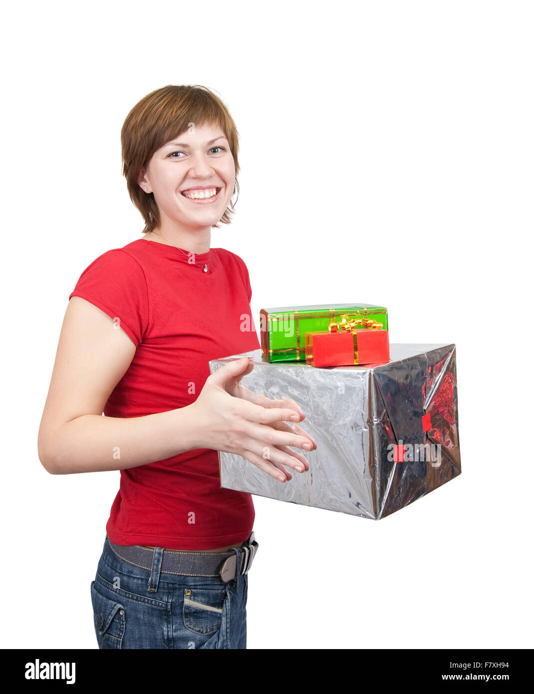 a nice girl holding coloured festive boxes Stock Photo - Alamy