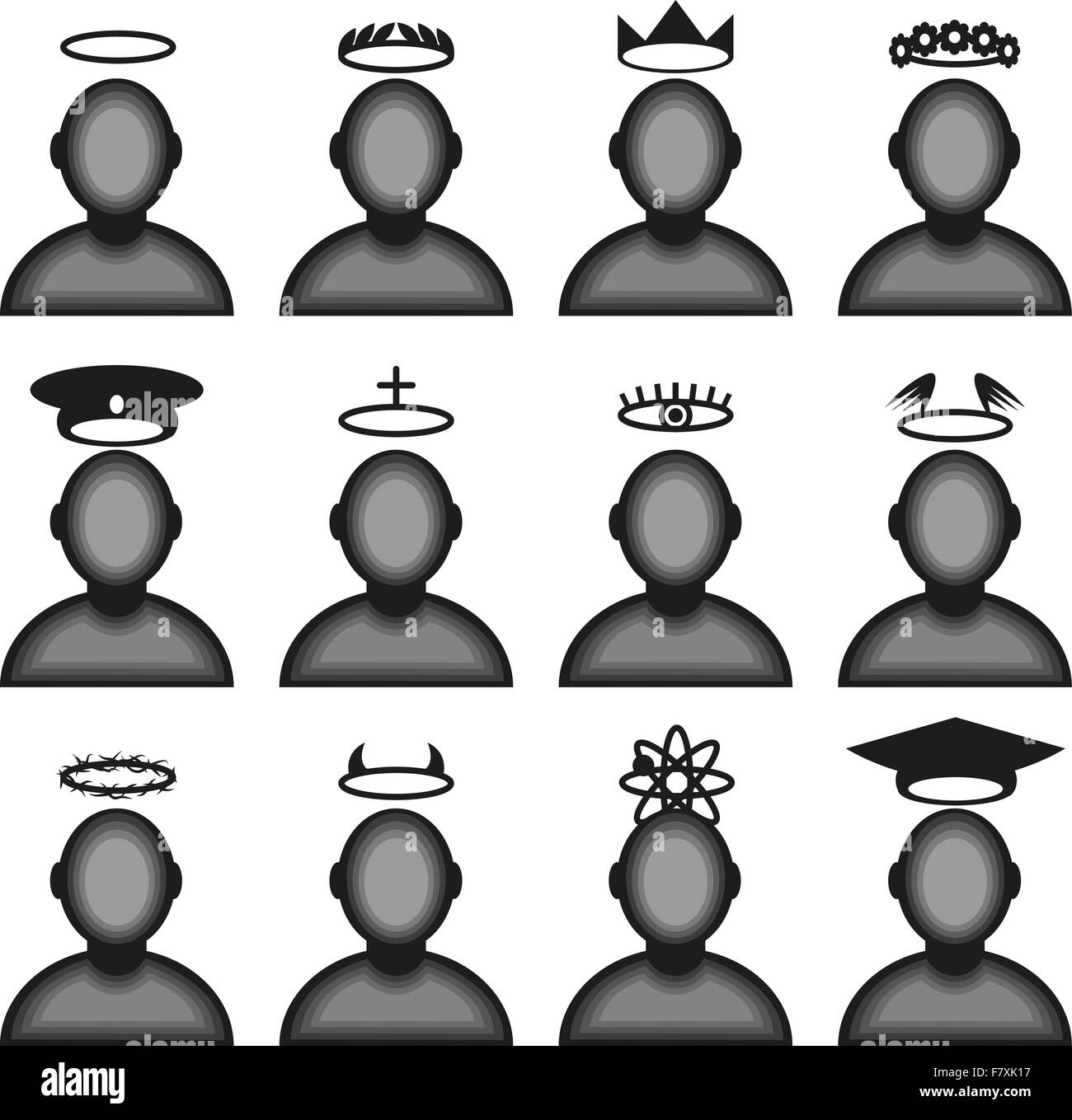 Male avatar profile icon set - head halos silhouette. Vector ...