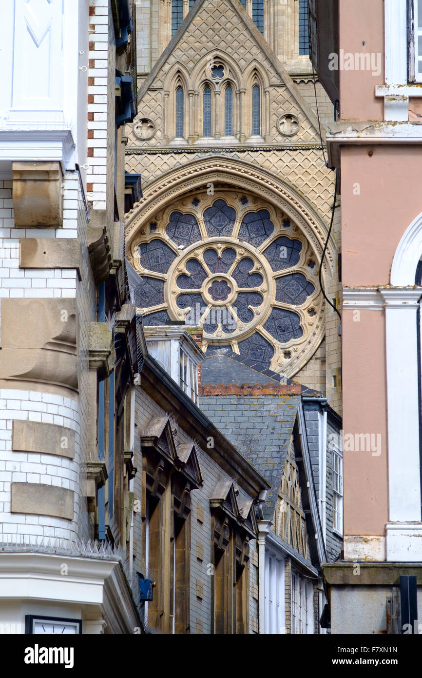 Truro Cathedral emerges above buildings in Cathedral Lane Stock Photo ...
