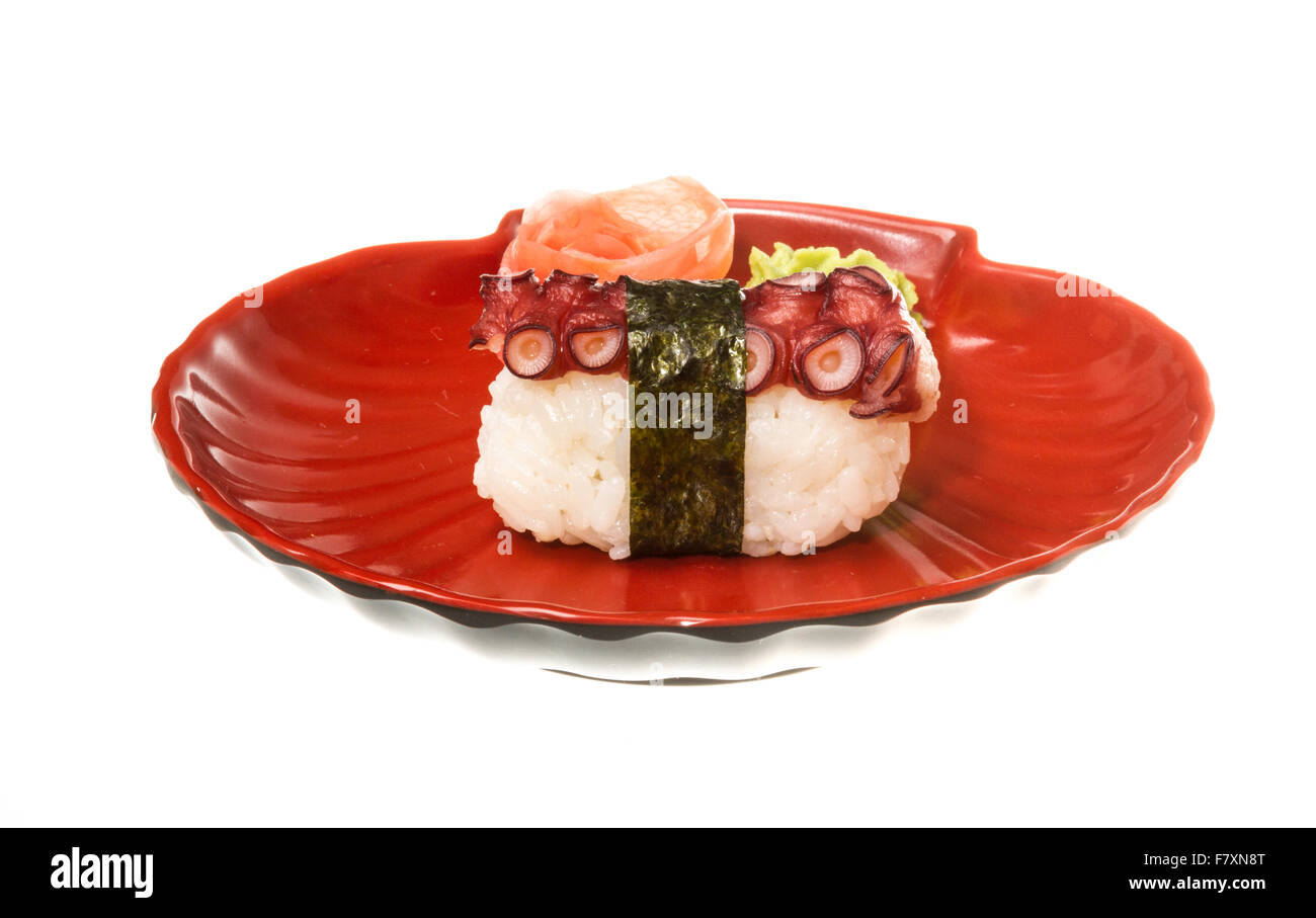 Japanese sushi with meat octopus on a white background Stock Photo - Alamy