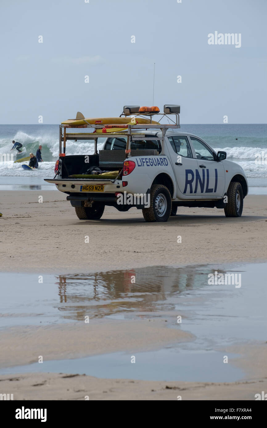 RNLI lifeguard patrol vehicle on a Cornish beach Stock Photo - Alamy