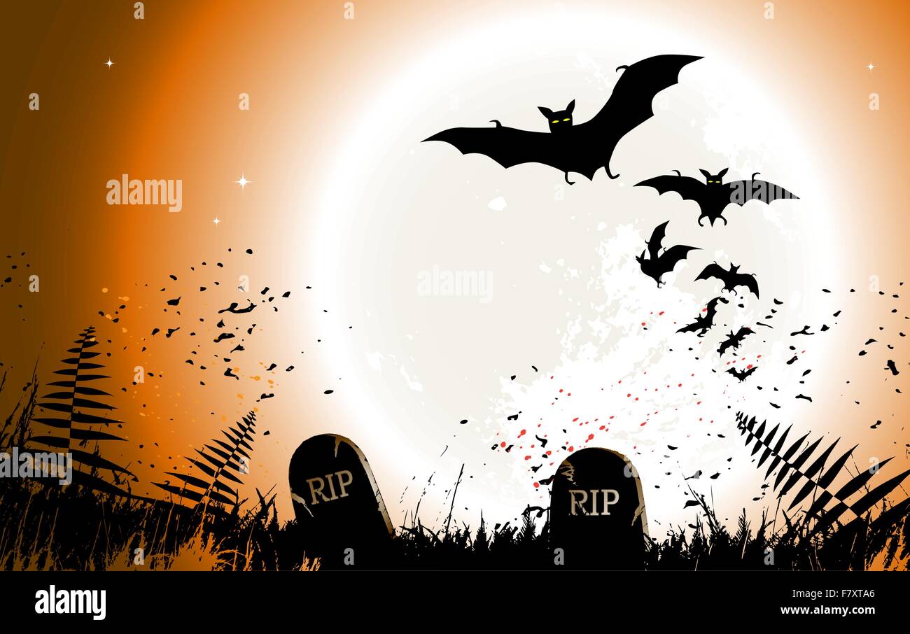 Halloween background - destroyed cemetery in full moon Stock Vector ...