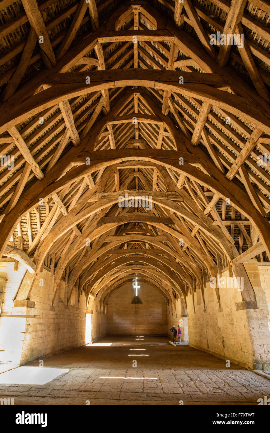 Interior view of massive roof structure of Bradford on Avon Tithe Barn ...