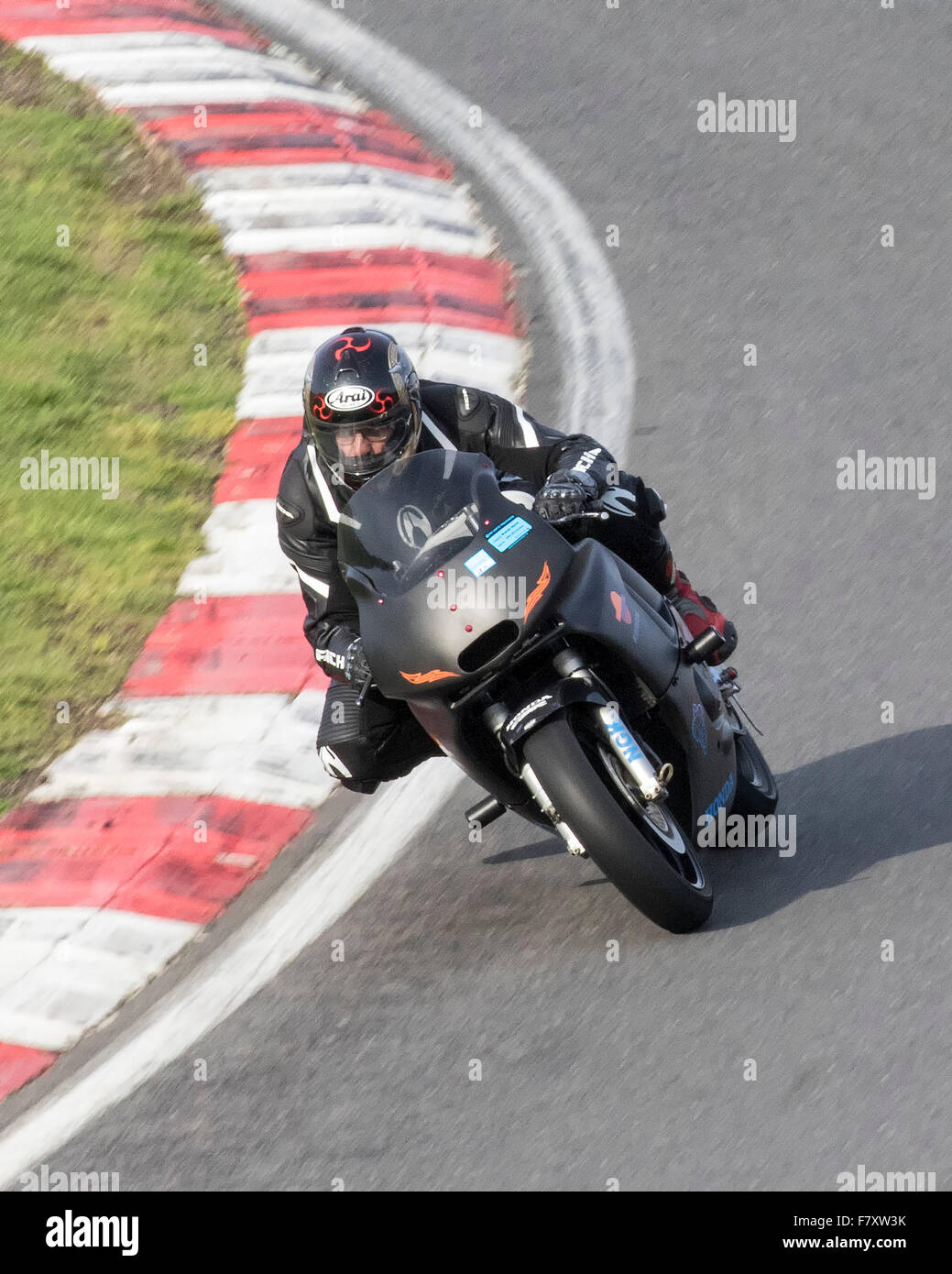 A performance motorcycle rounds Clearwater Bend at Brands Hatch motor ...