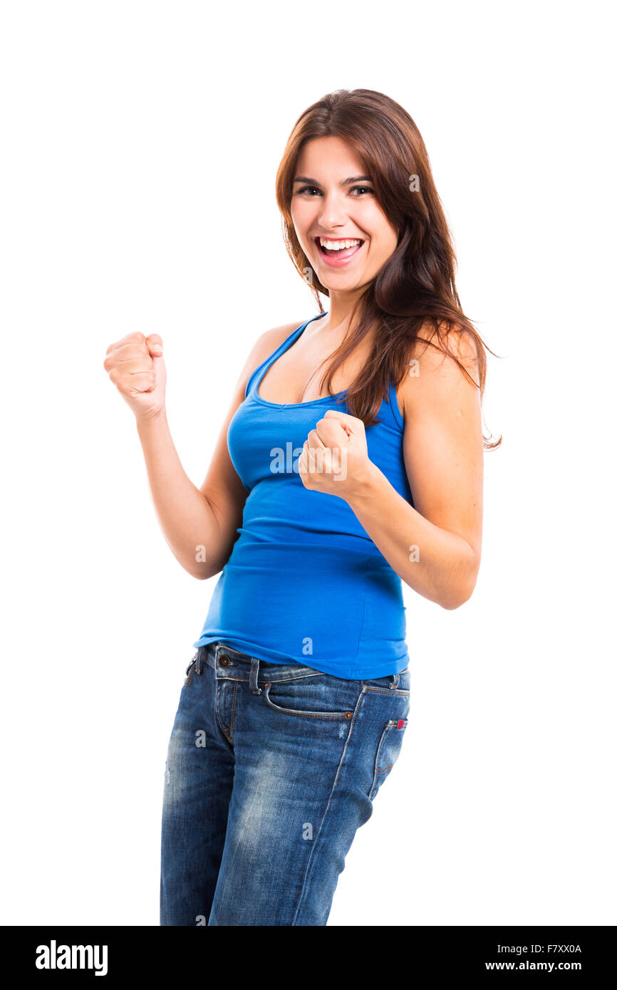 Beautiful woman really happy, isolated over a white background Stock ...