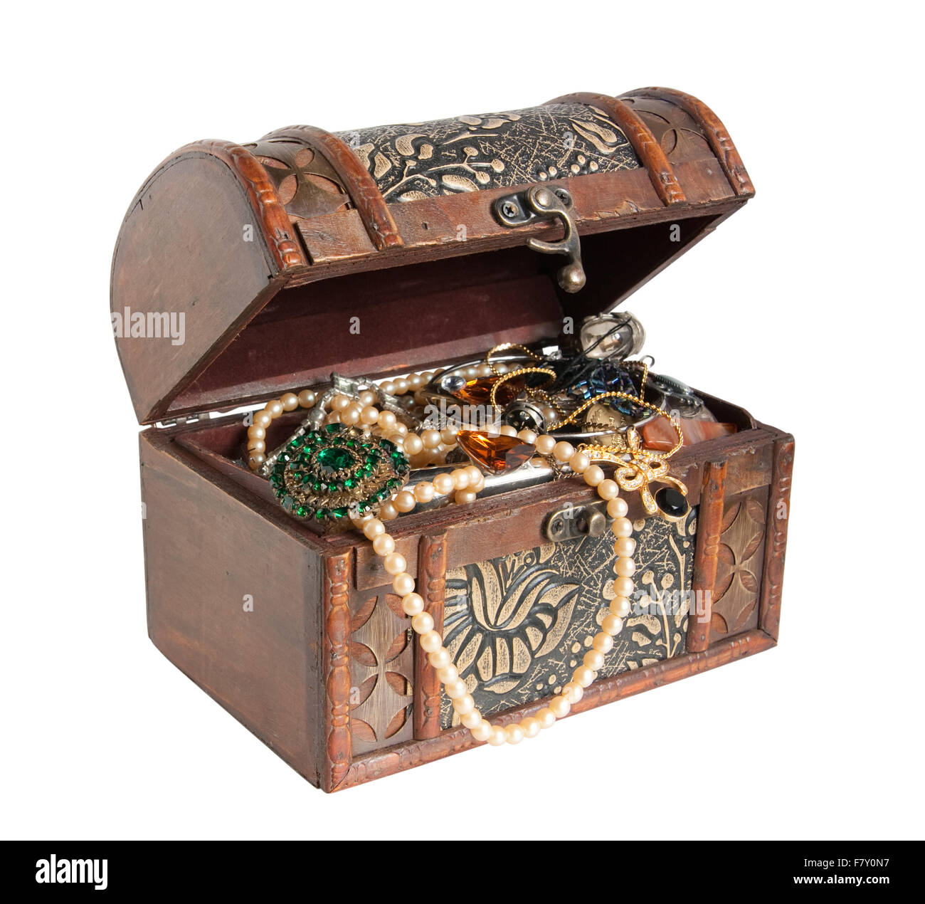 Wooden treasure chest with valuables, isolated over white background ...