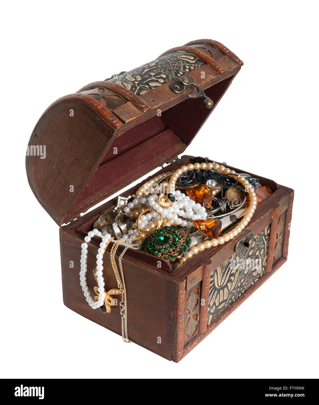 Wooden treasure chest with valuables, isolated with clipping path Stock ...