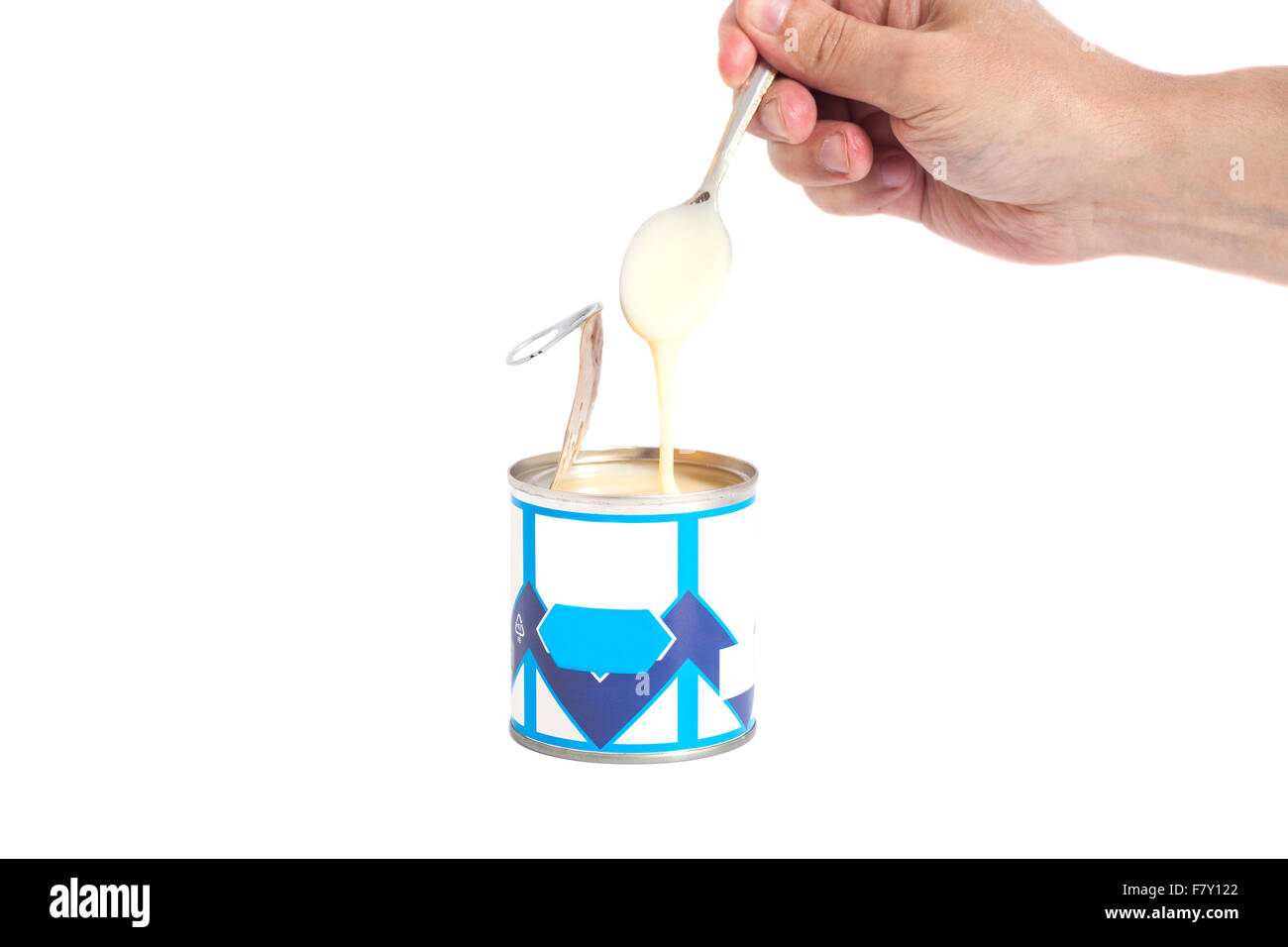Tin can of condensed milk with spoon isolated on white Stock Photo - Alamy