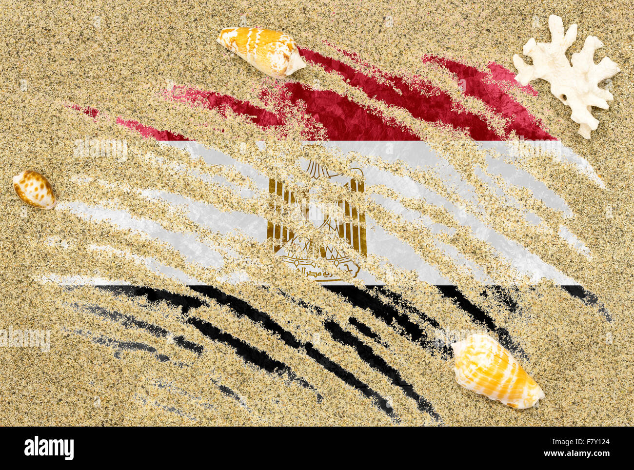 National country flag of Egypt under a beach background with sand, sea ...